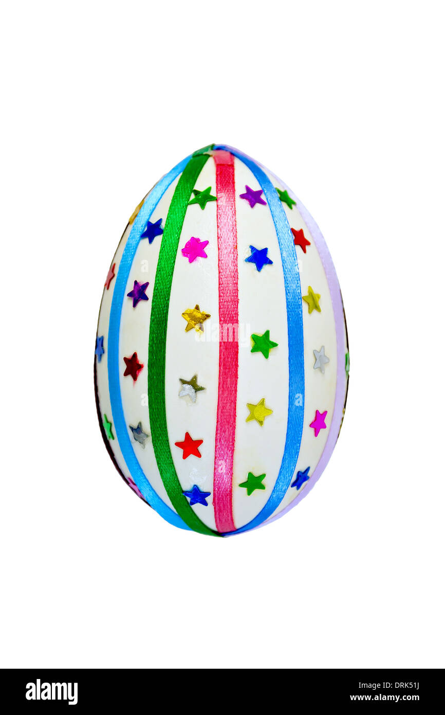 One easter egg, decorated with multicolored braid and sparkles in the ...