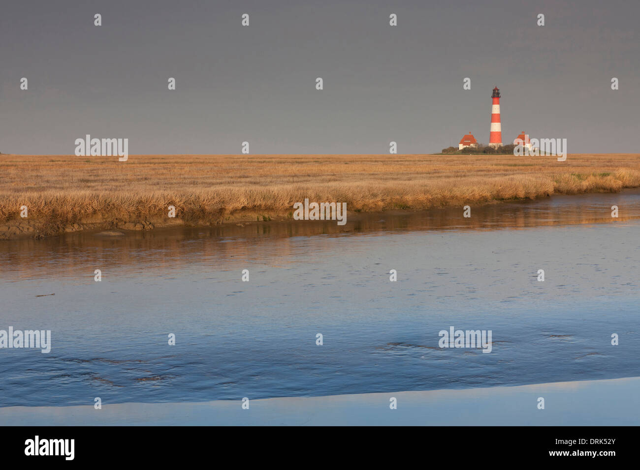The lighthouse Westerheversand surrounded by salt marsh. Peninsula of ...