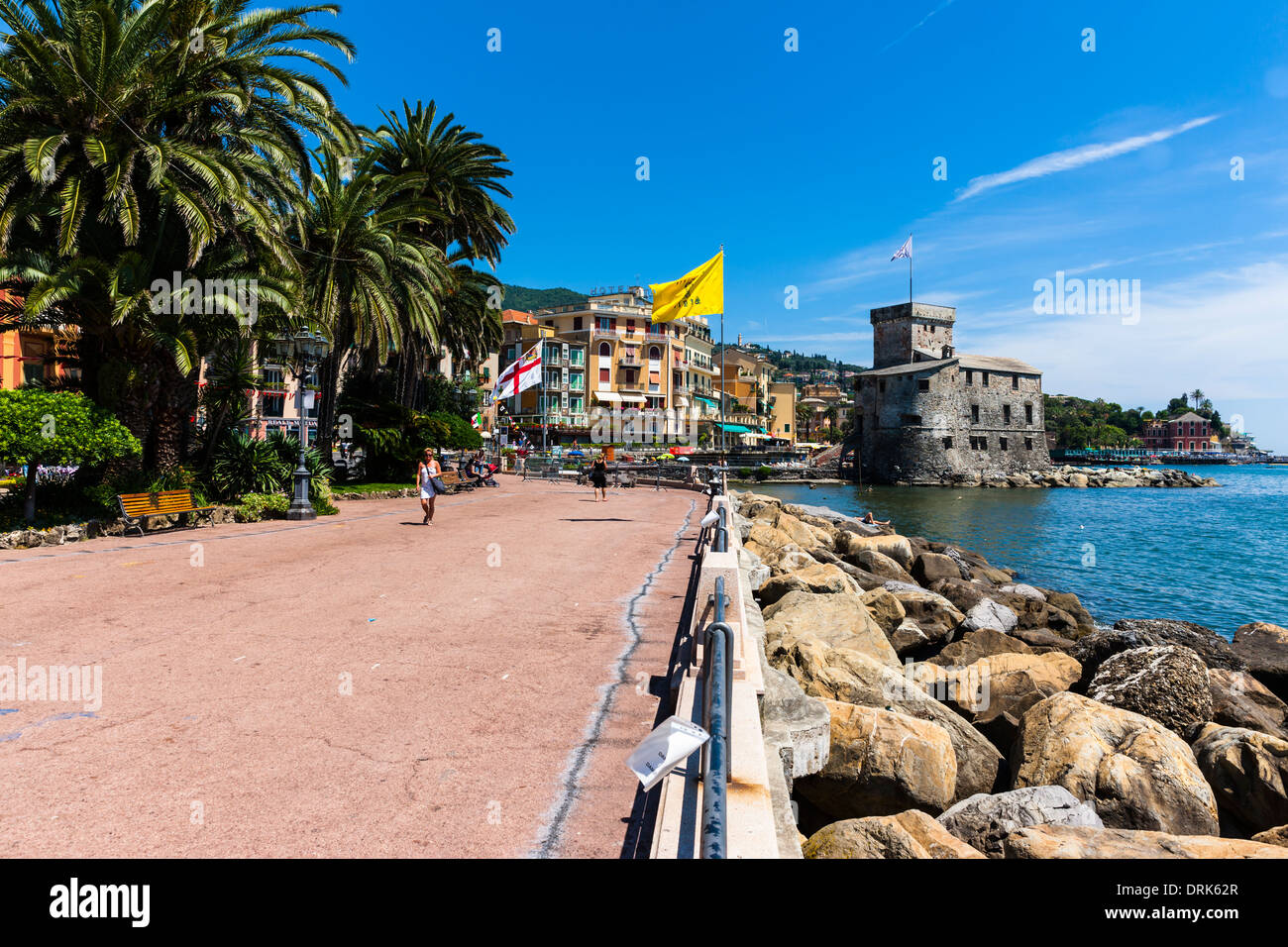 Italy, Liguria, Rapallo, Waterfront promenade and castle Stock Photo ...