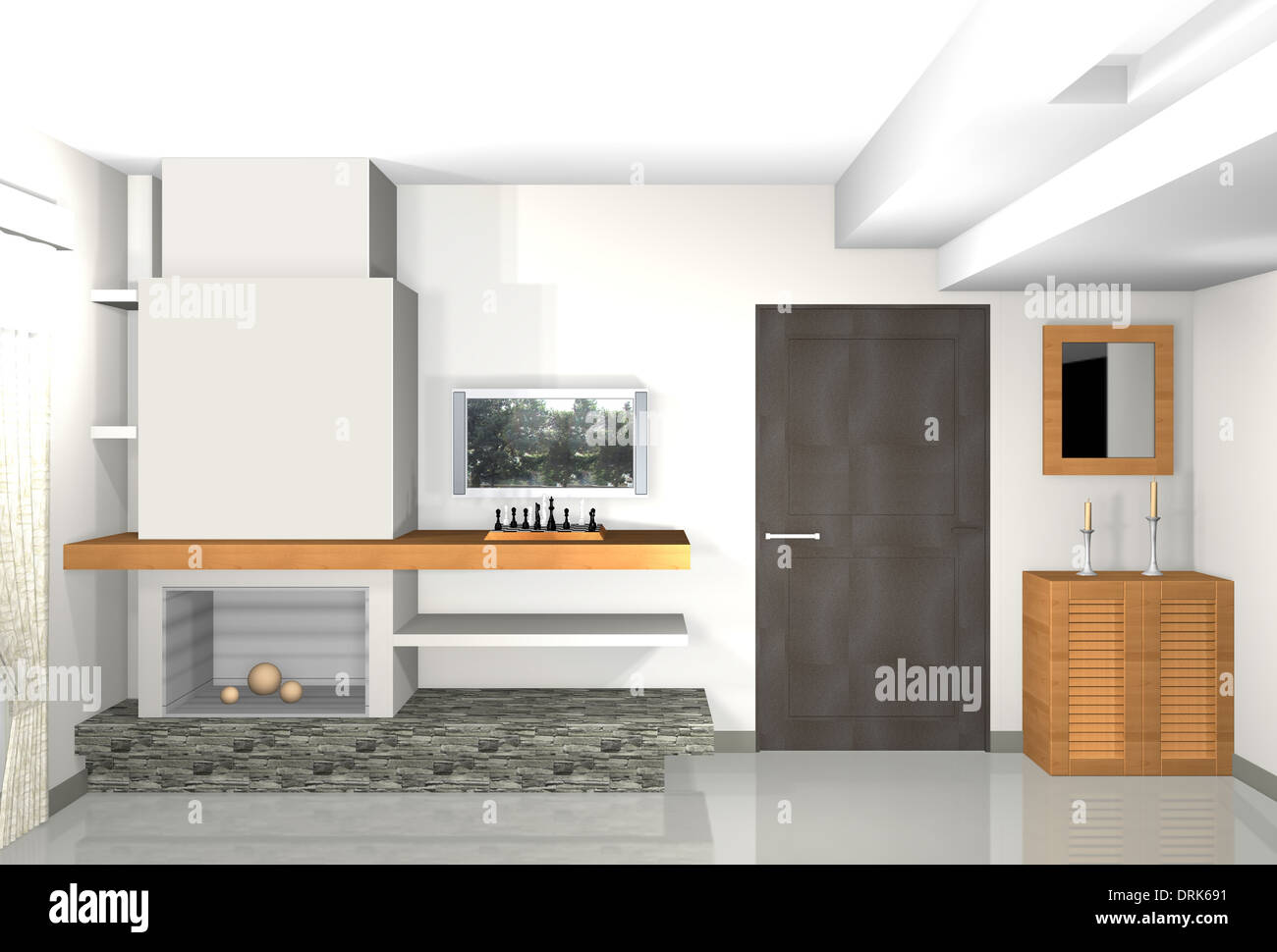 Modern, grey living room with library and fireplace Stock Photo - Alamy