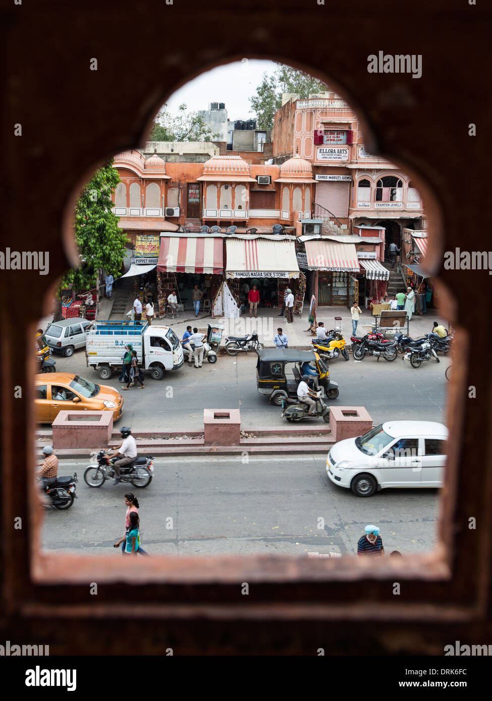 The streets of Jaipur captured from a window in the famous Hawa Mahal ...
