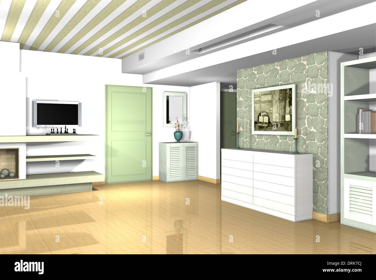 Living room with traditional materials in modern forms. 3d combination ...