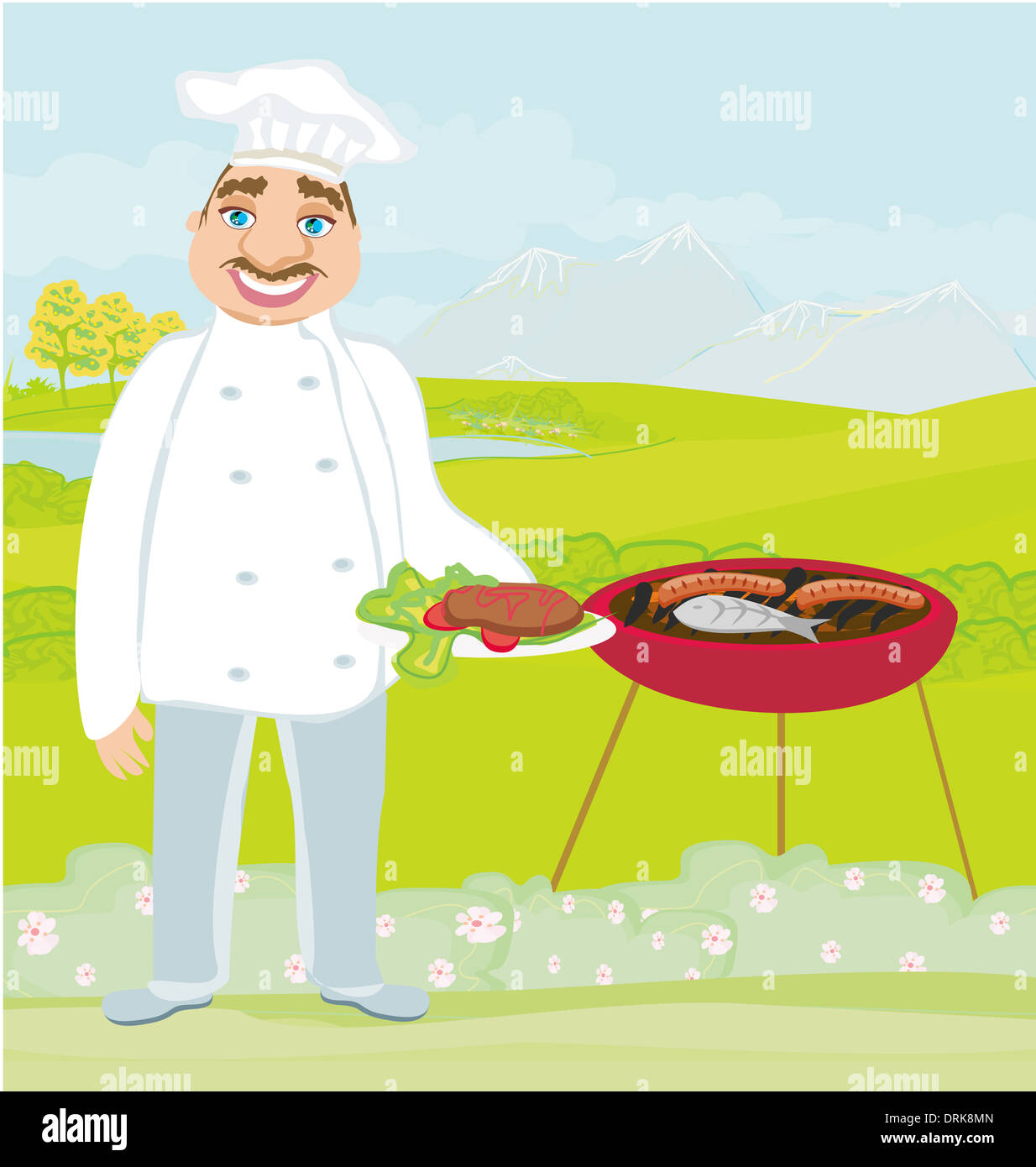 smiling chef grills meat Stock Photo - Alamy