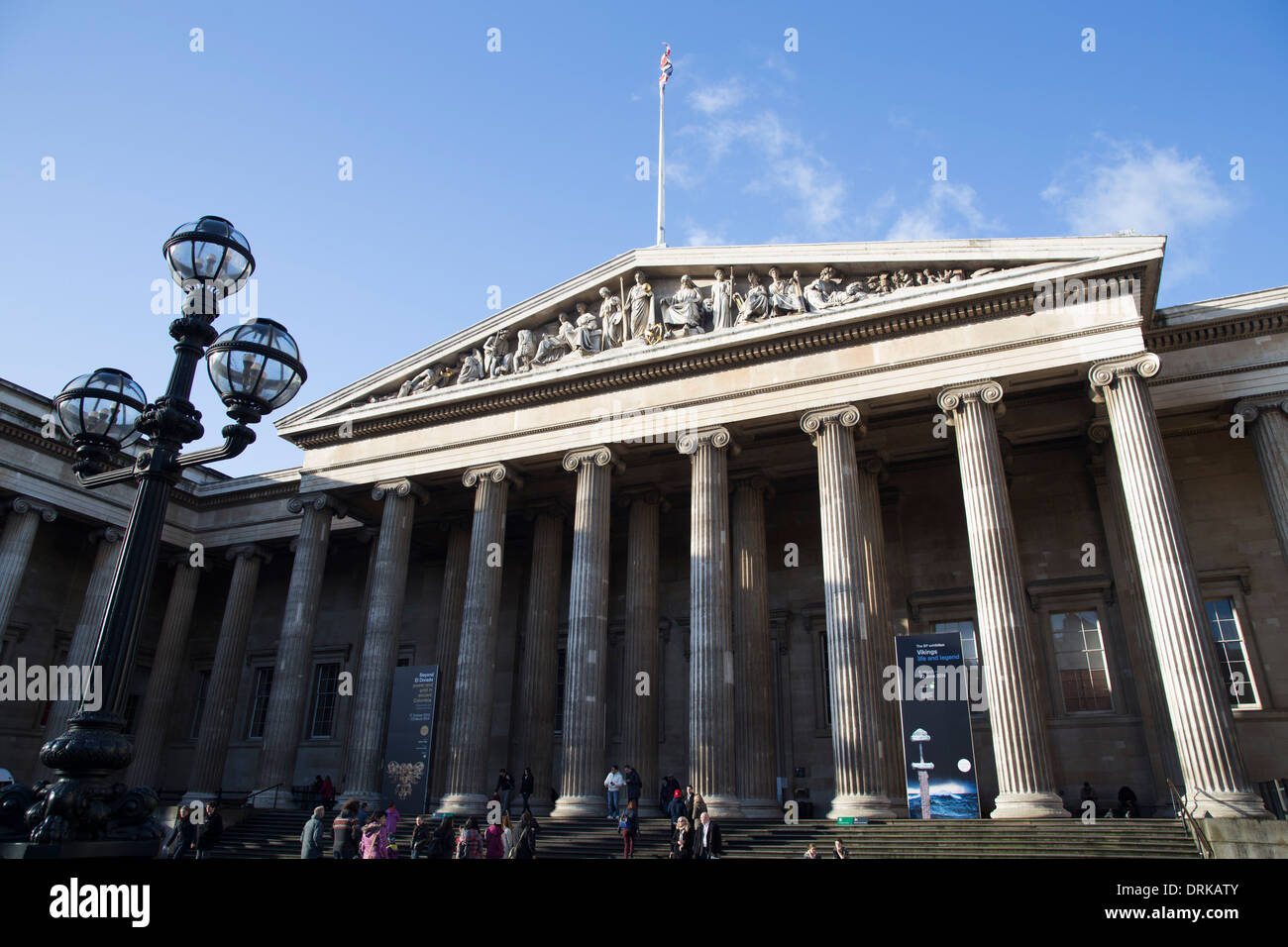 The British Museum in London. Exterior with old-fashioned lamp post ...