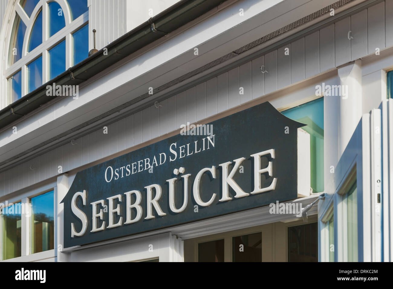 Sign at the entrance of the restaurant on the pier of Sellin, Ruegen ...