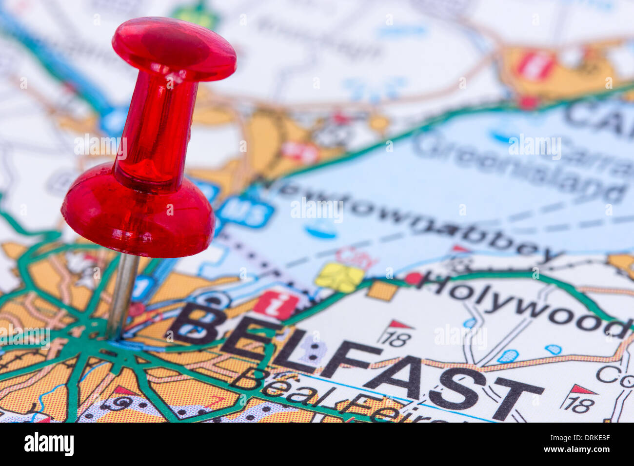 Red pushpin on the Northern Ireland map showing Belfast location Stock ...