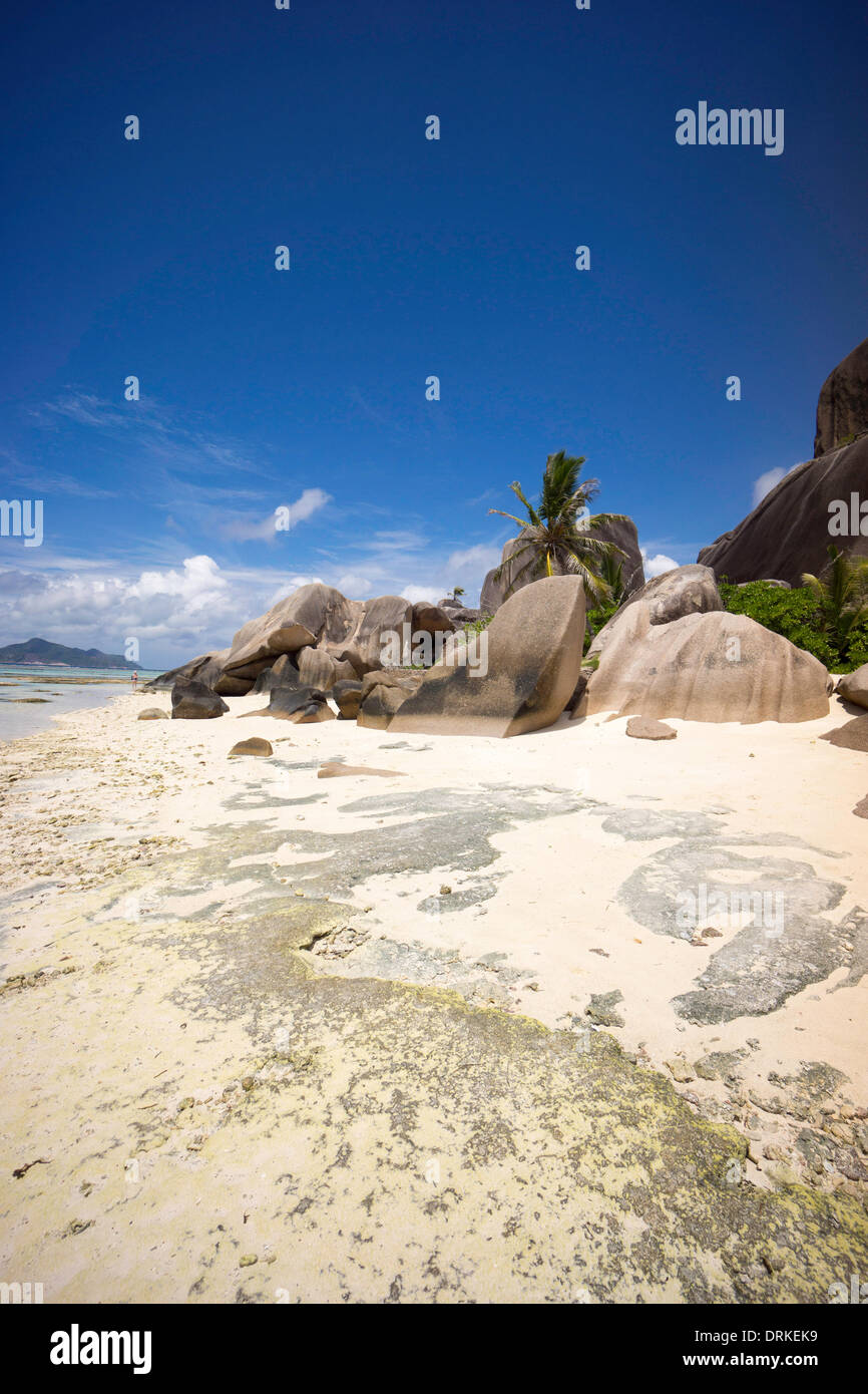 For the Seychelles typical rock formations on a sandy beach, Anse Union ...