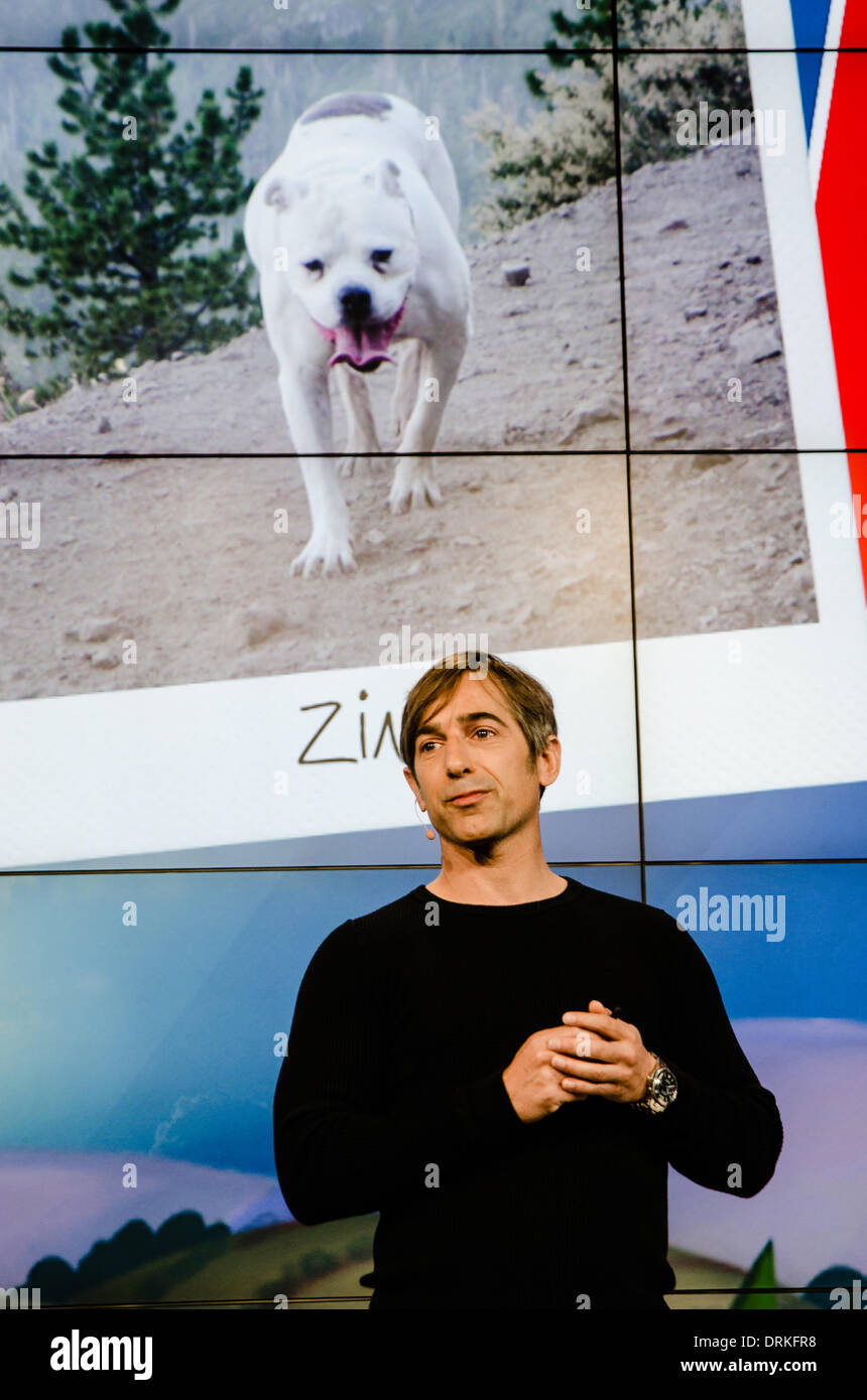 Zynga founder and CEO Mark Pincus in front of a picture showing his ...