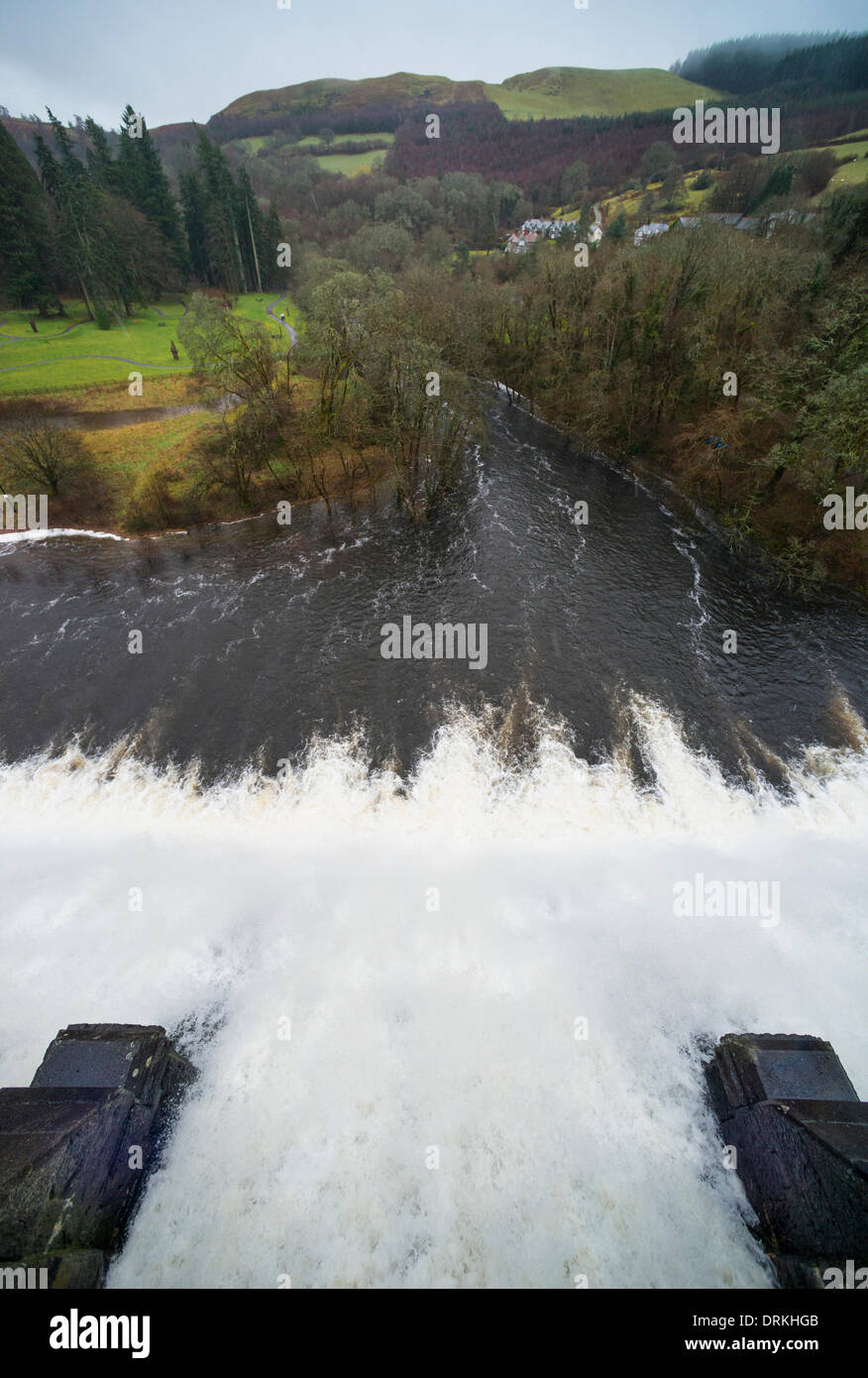 Overflow water cascading over Lake Vyrnwy reservoir dam, Powys, Wales ...