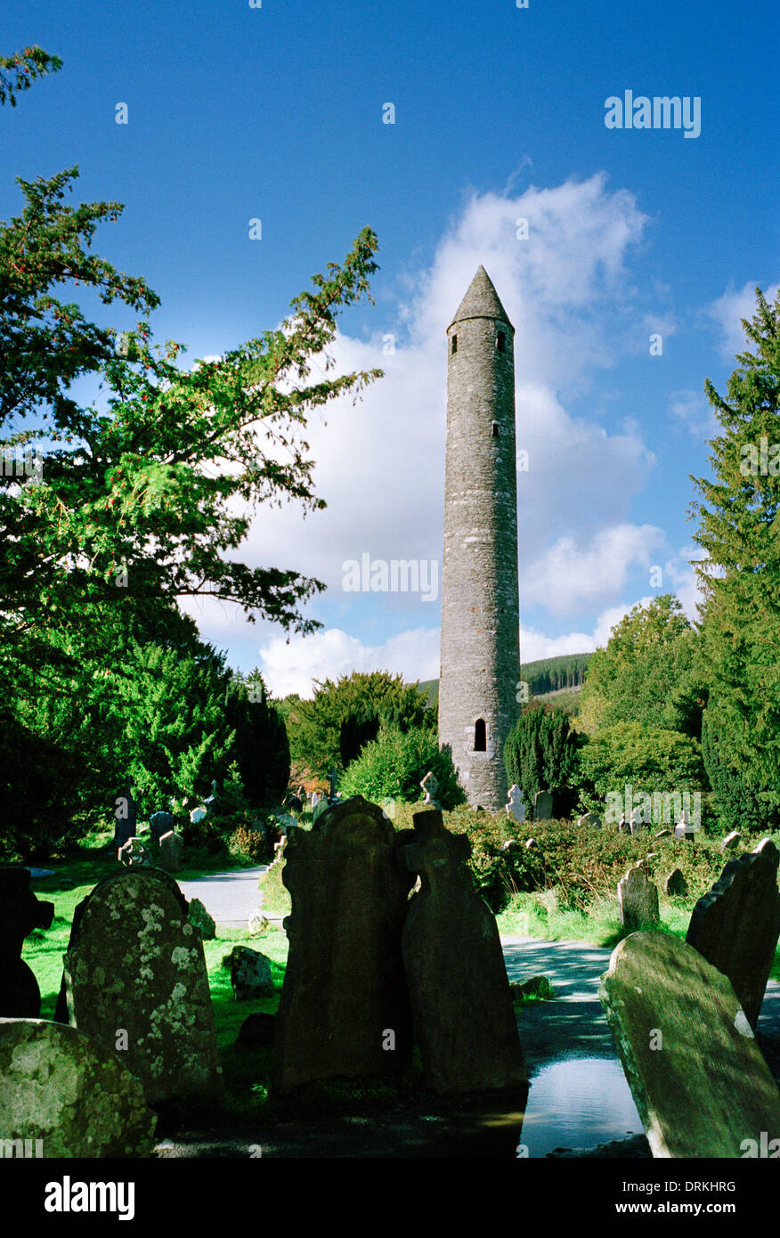 Round tower at Glandalough, Wicklow, Ireland, a 6th century monastic ...
