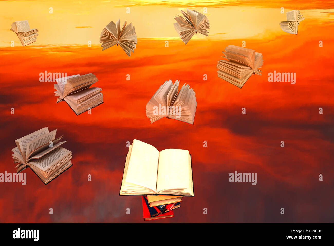 open book above of stack of books and red sunset sky with flying books ...