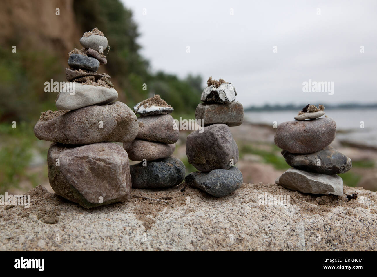 Towers of balanced rocks stacked on a larger rock at a coastal location ...