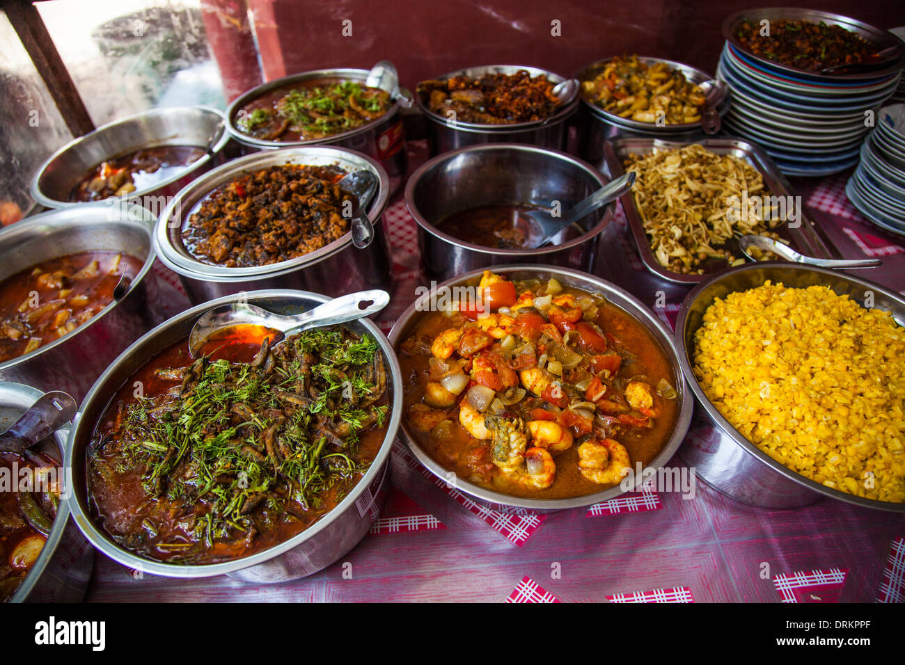 Burmese dishes at a typical restaurant in Yangon, Myanmar Stock Photo ...