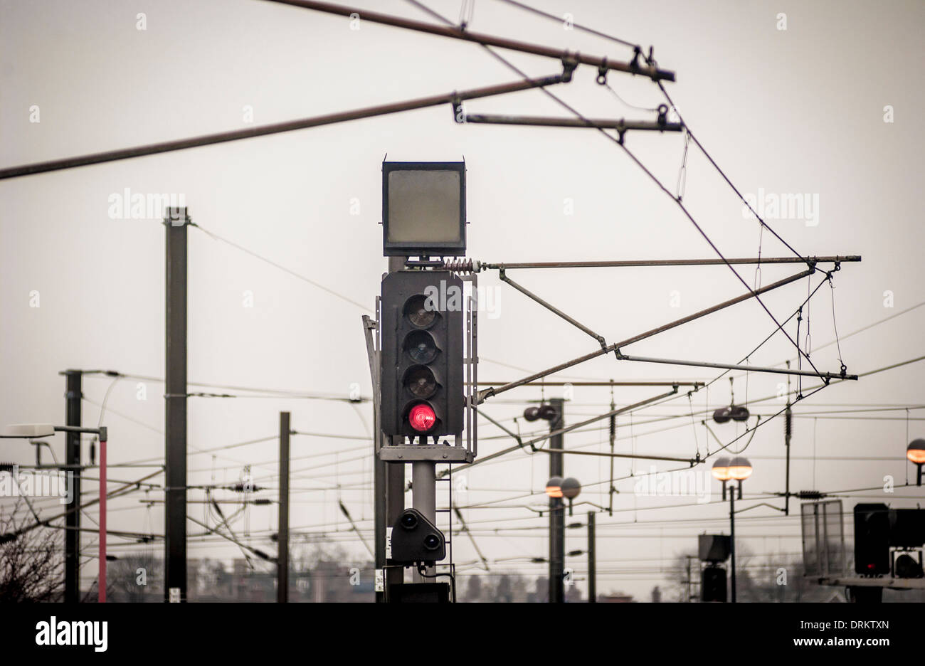 Railway signals with red light illuminated Stock Photo - Alamy