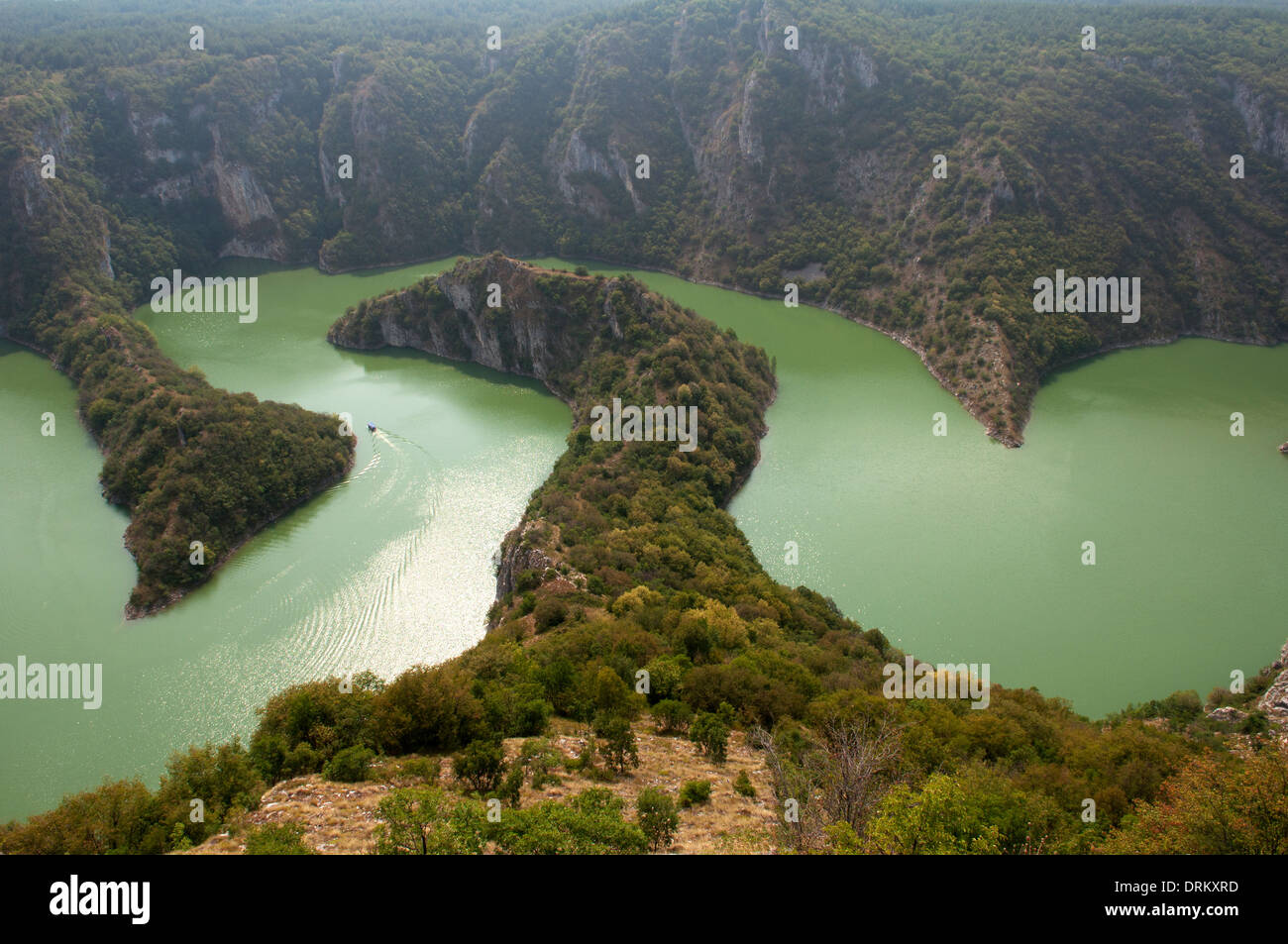 Boat in the meanders of Uvac River Canyon, Serbia Stock Photo - Alamy