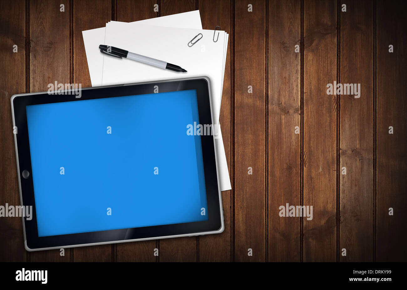 Wood Boards Desk with Blank Papers, Pen and Tablet Computer (Blue ...