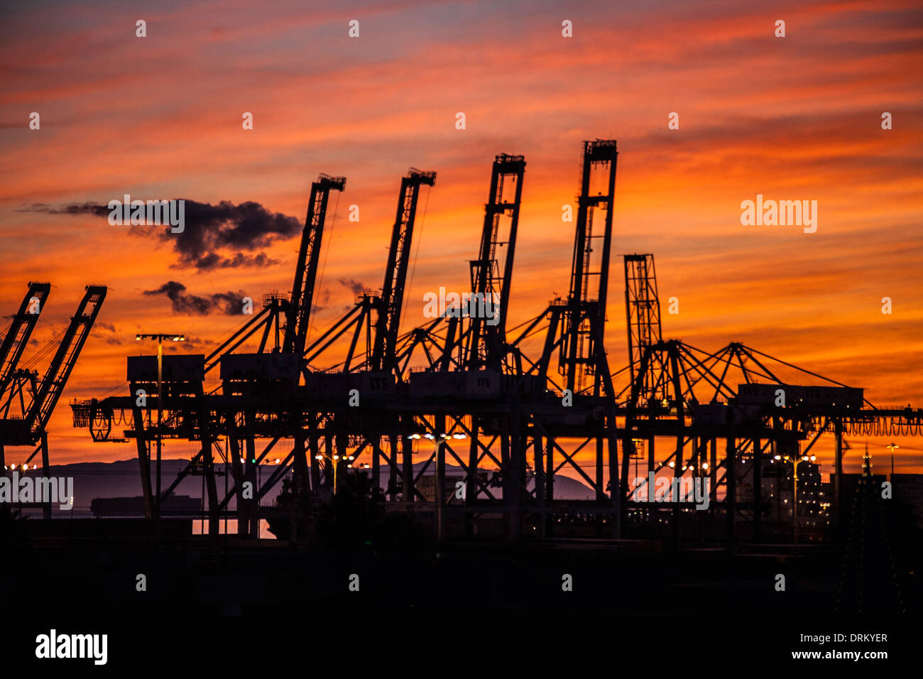 Sunset silhouettes container cargo loading cranes in the Port of Long ...