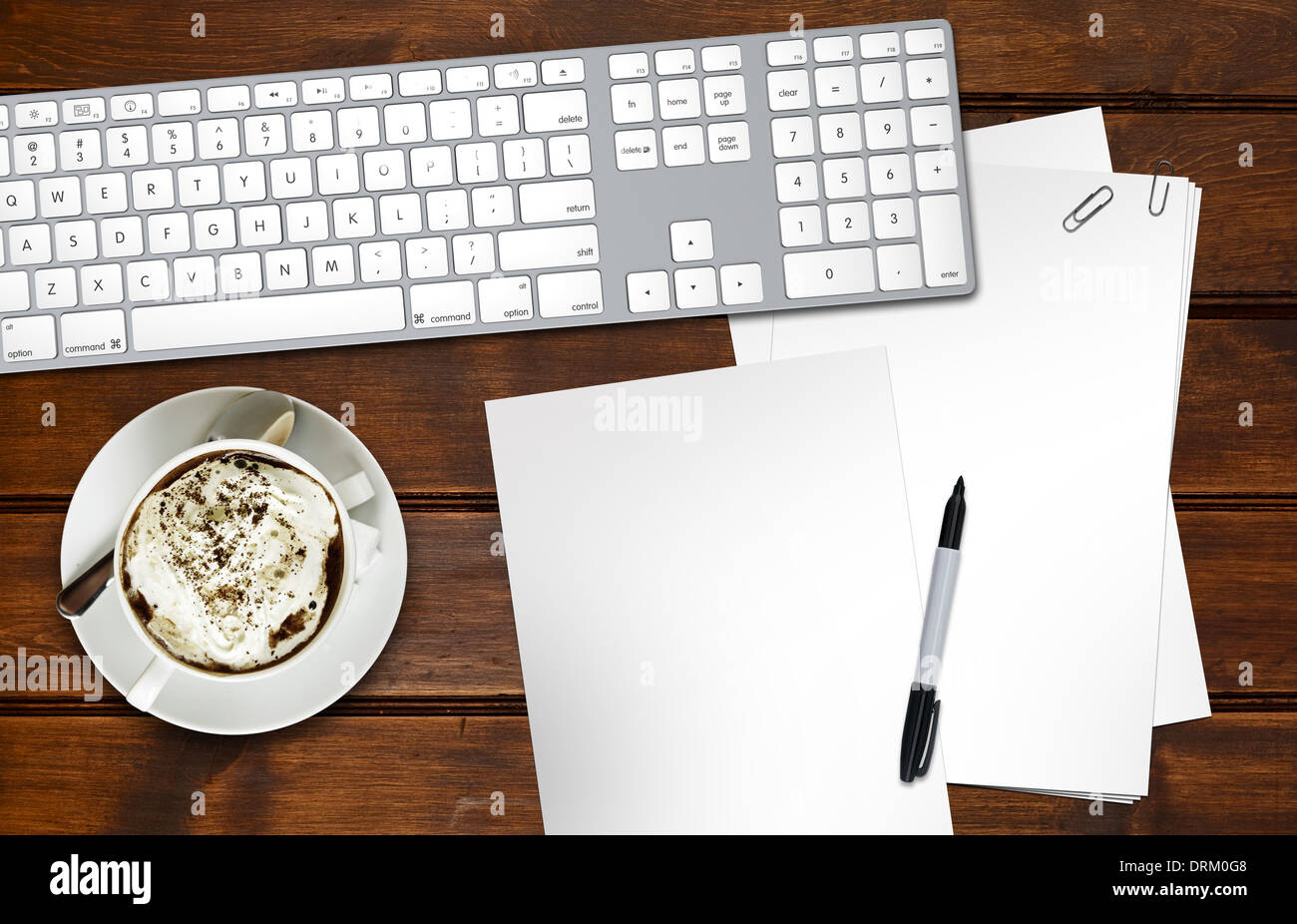 Designer Desk. Old Wooden Desk, Computer Keyboard, Blank Papers, Pen ...