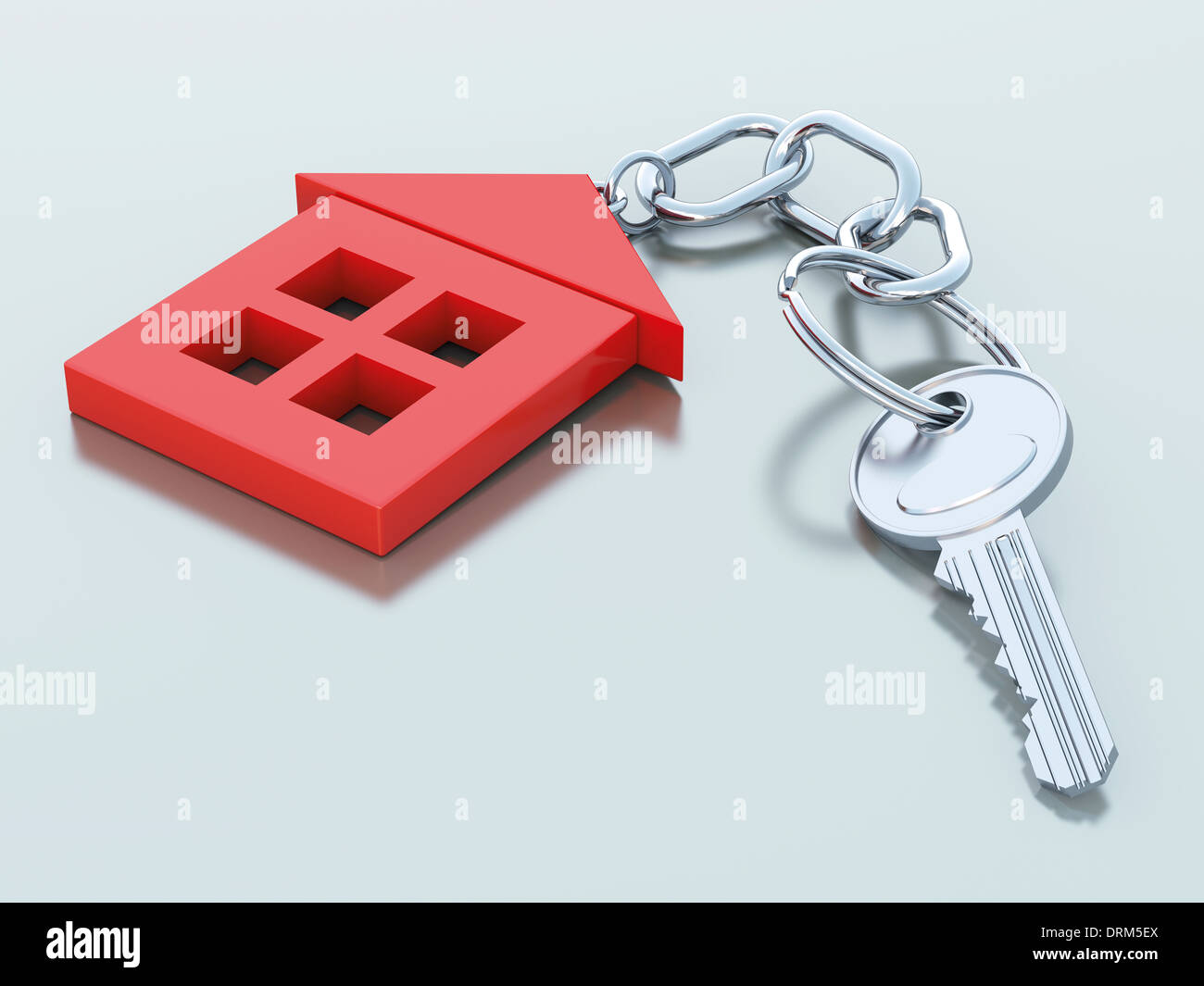 Key with red key chain formed like a house lying on grey background, 3D ...