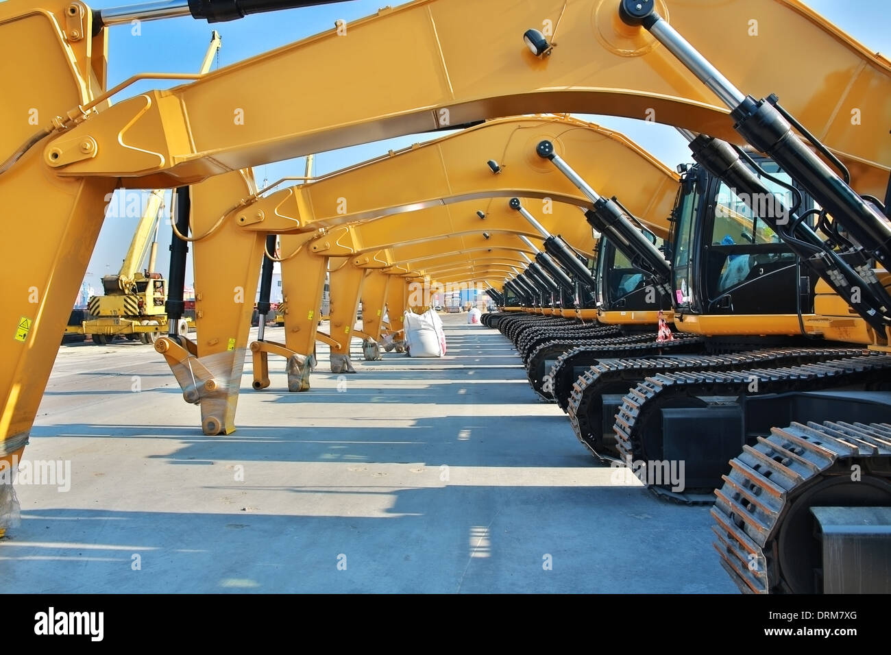 Caterpillars, Yellow heavy construction work vehicles, parking Stock ...