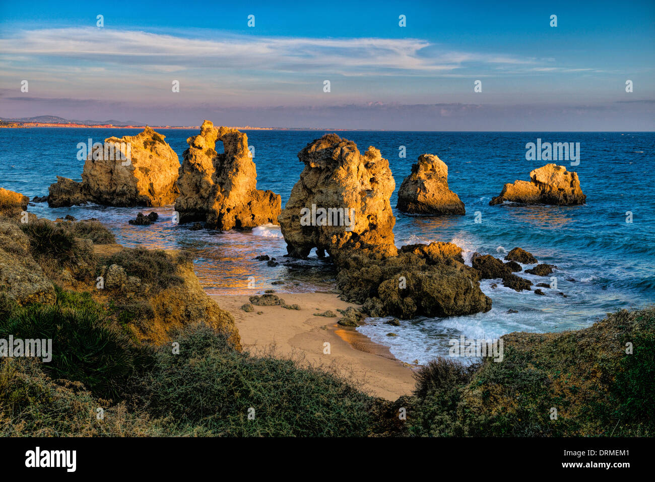 Portugal, the Algarve rock formations on a small beach near Albufeira ...