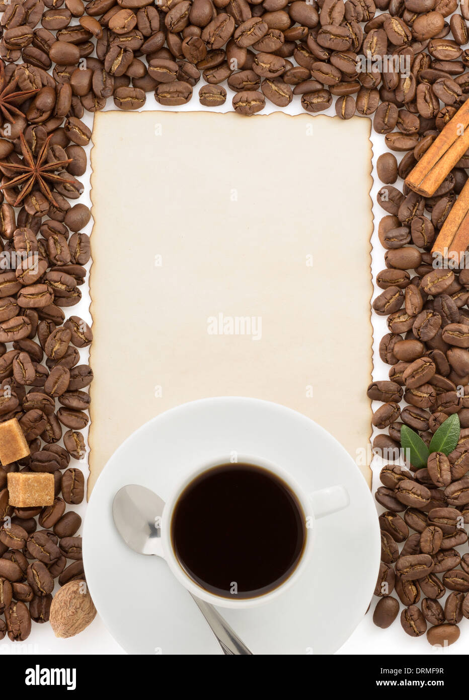 cup of coffee and parchment isolated on white background Stock Photo ...