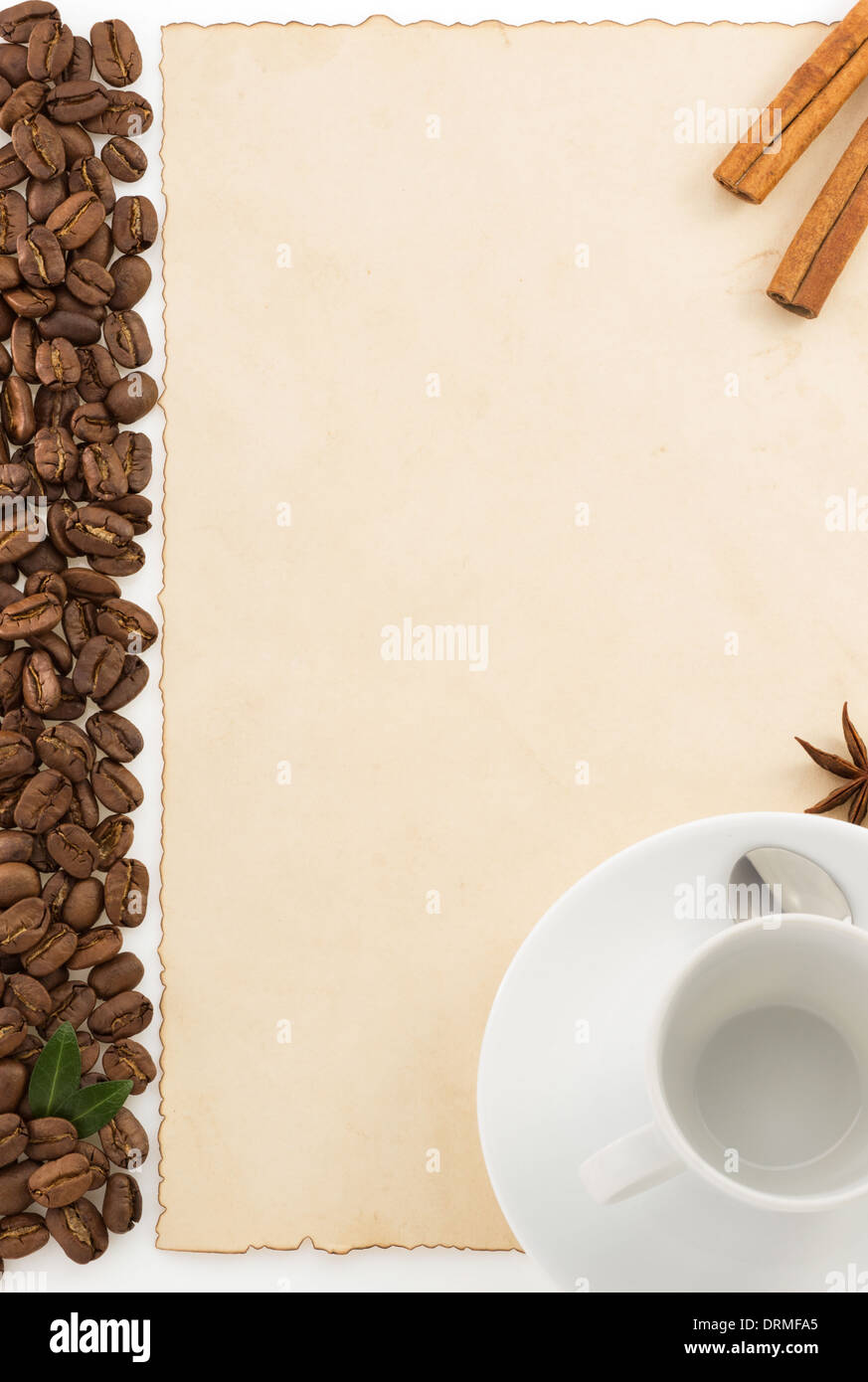 cup of coffee and parchment isolated on white background Stock Photo ...
