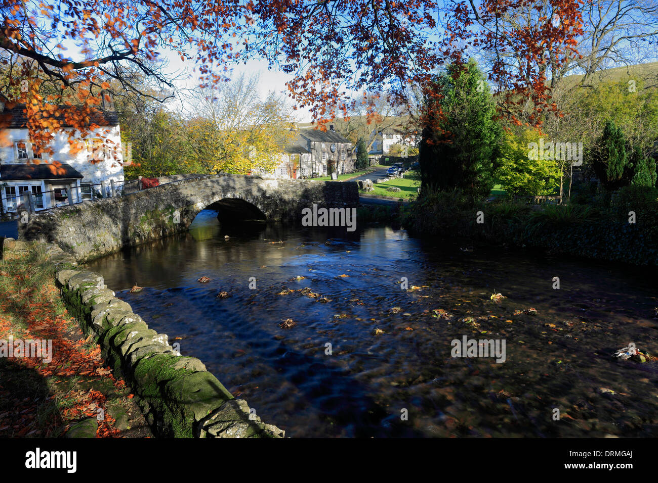 Autumn, Stone bridge over Malham Beck, Malham village, Malhamdale ...