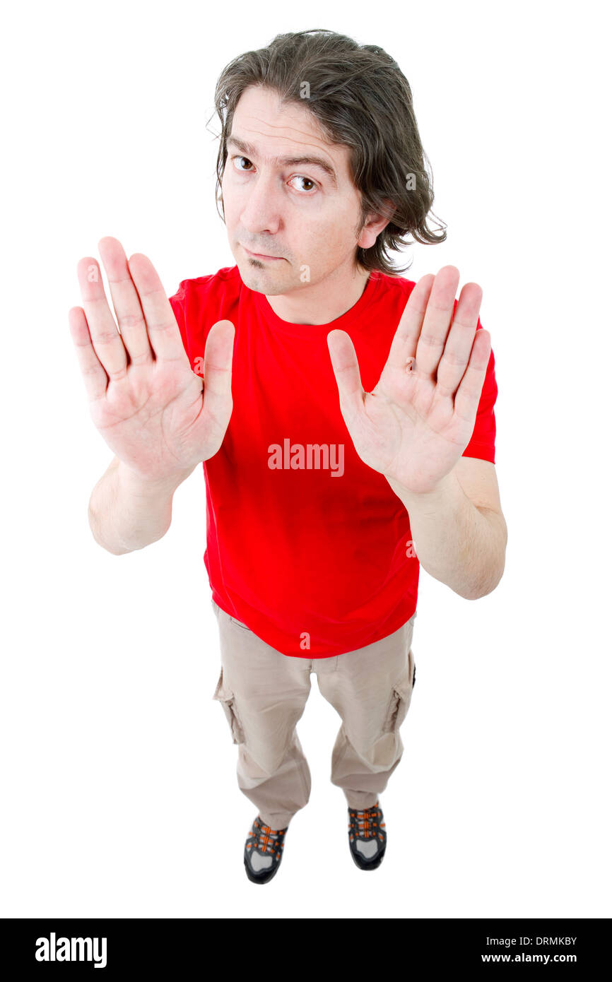young casual man full body making stop, in white Stock Photo - Alamy