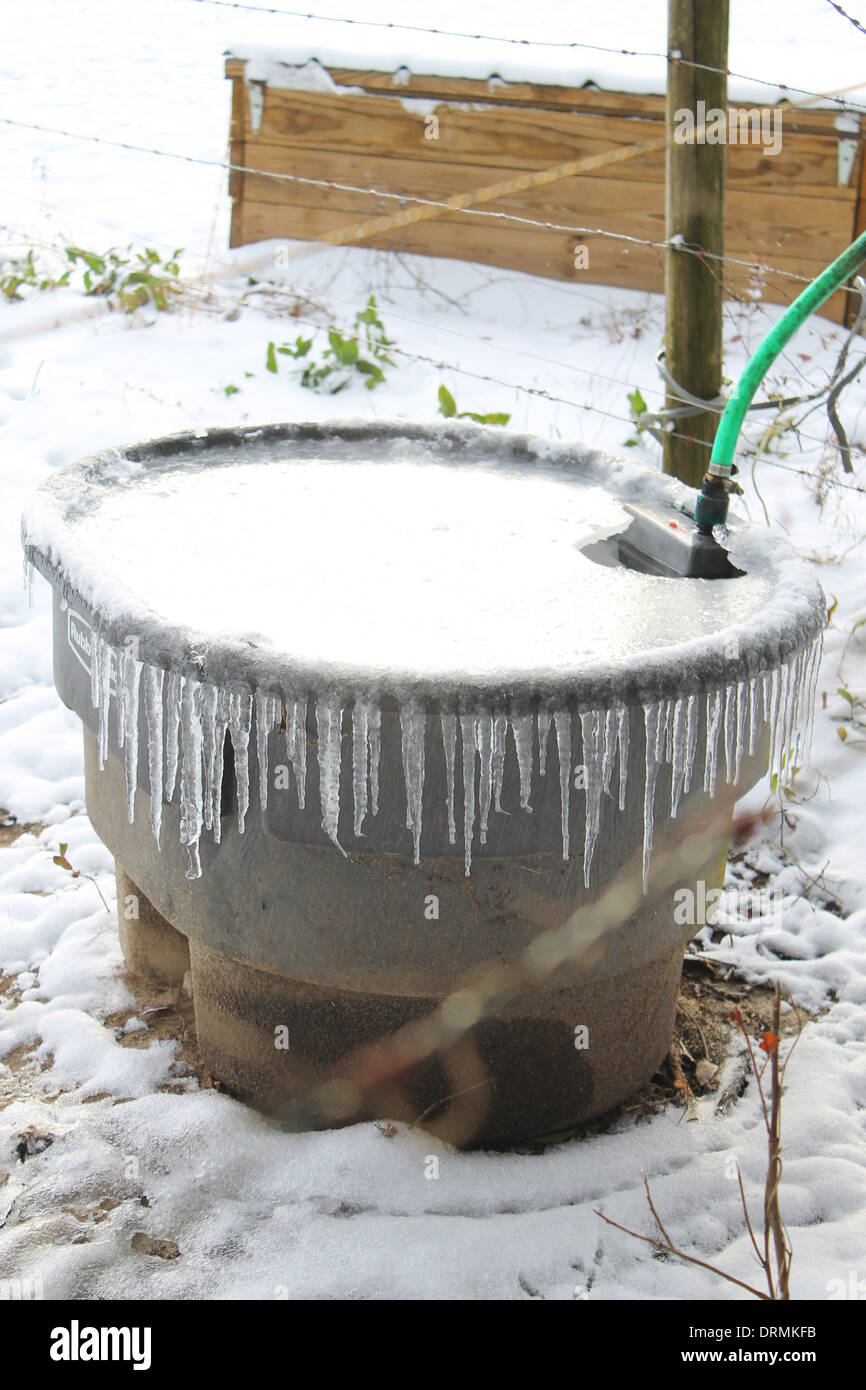 Icicles hanging from a frozen water trough Stock Photo - Alamy