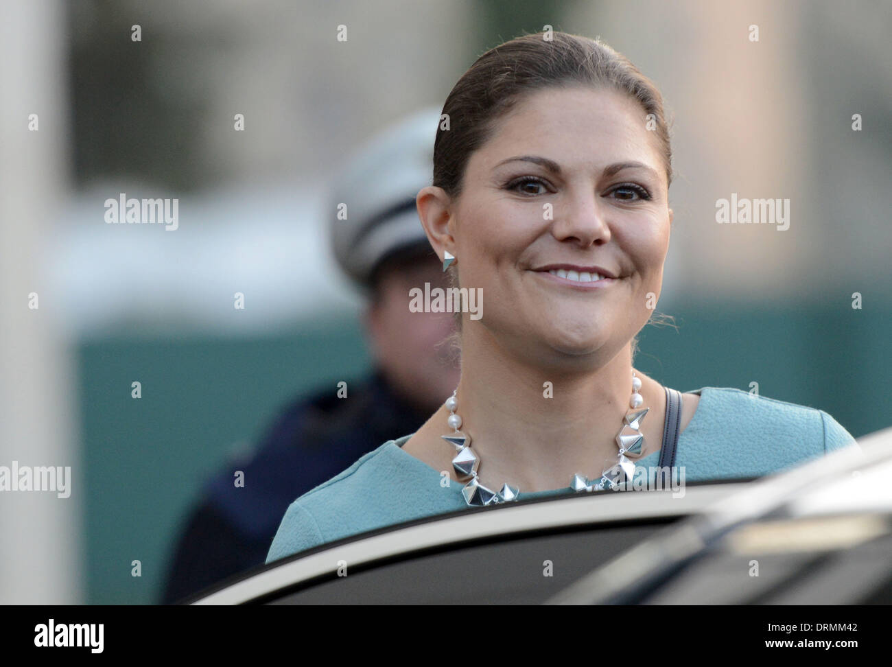 Essen, Germany. 29th Jan, 2014. Sweden's Crown Princess Victoria waves ...