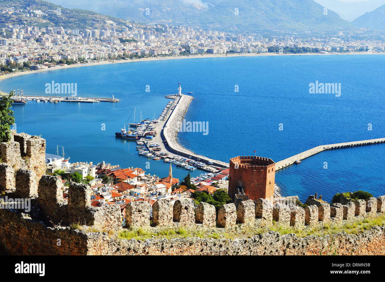 View of Alanya harbor from Alanya peninsula. Turkish Riviera Stock ...