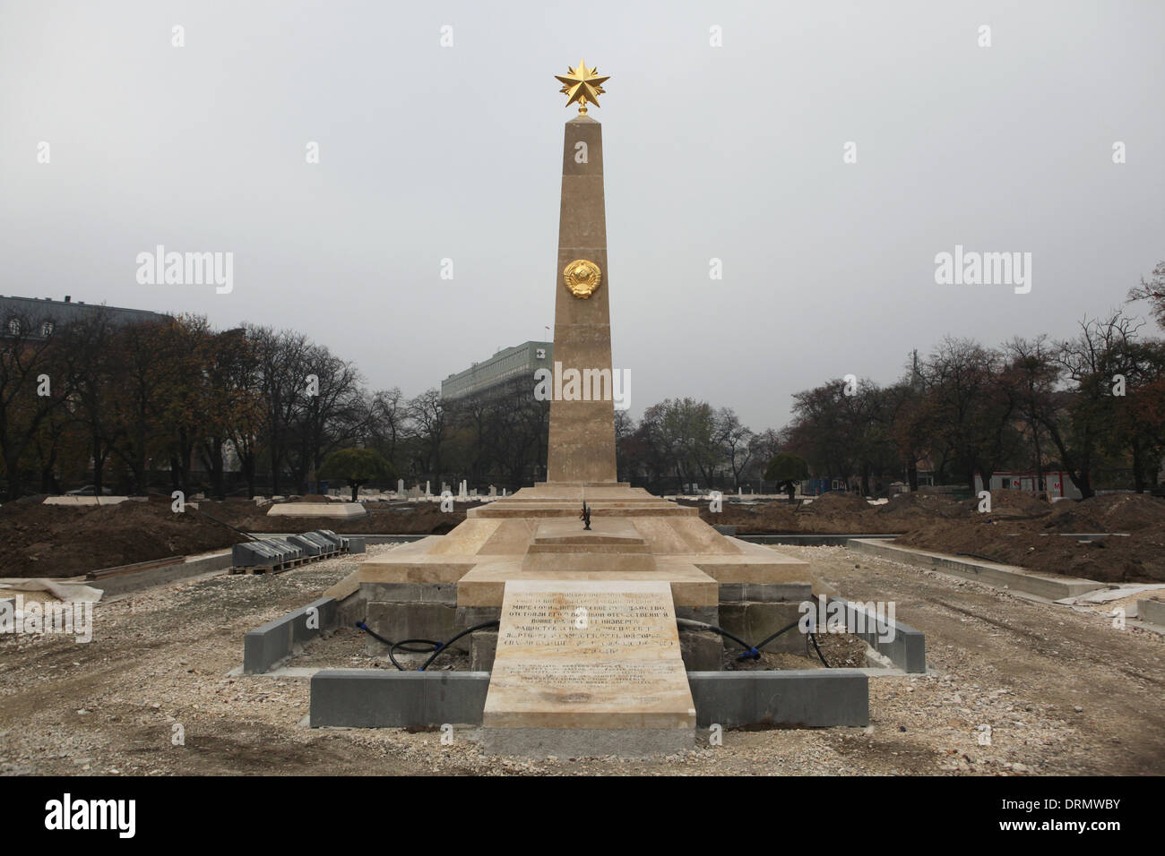 Restoration works at the Soviet War Memorial at the Kerepesi Cemetery in Budapest, Hungary ...