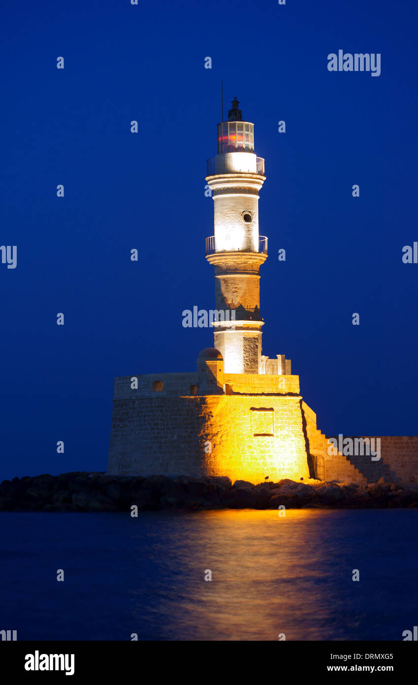 Venetian lighthouse in Chania harbor at night, Crete Stock Photo - Alamy