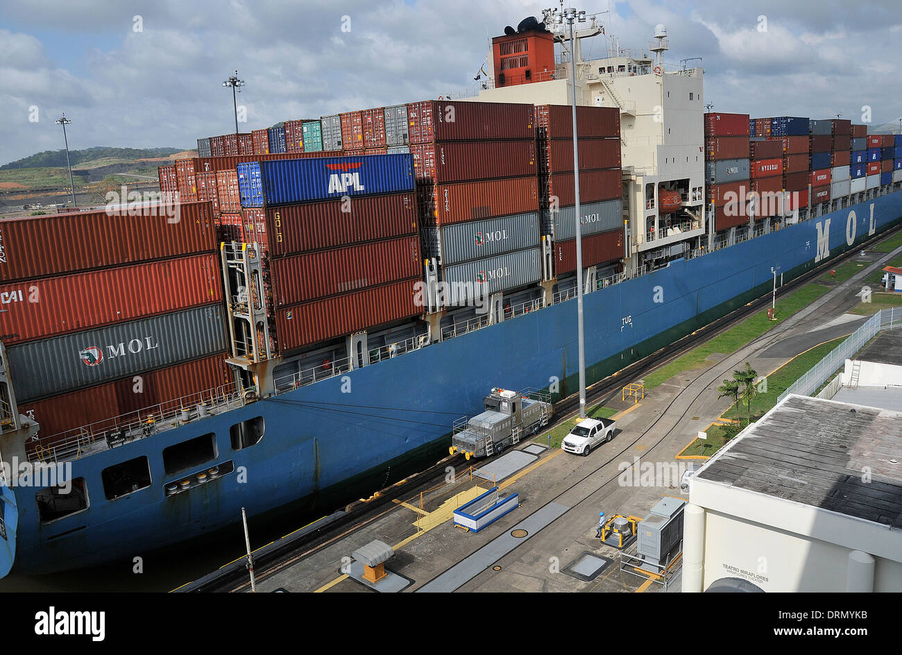 containers ship in Panama canal Miraflores locks Panama Stock Photo - Alamy