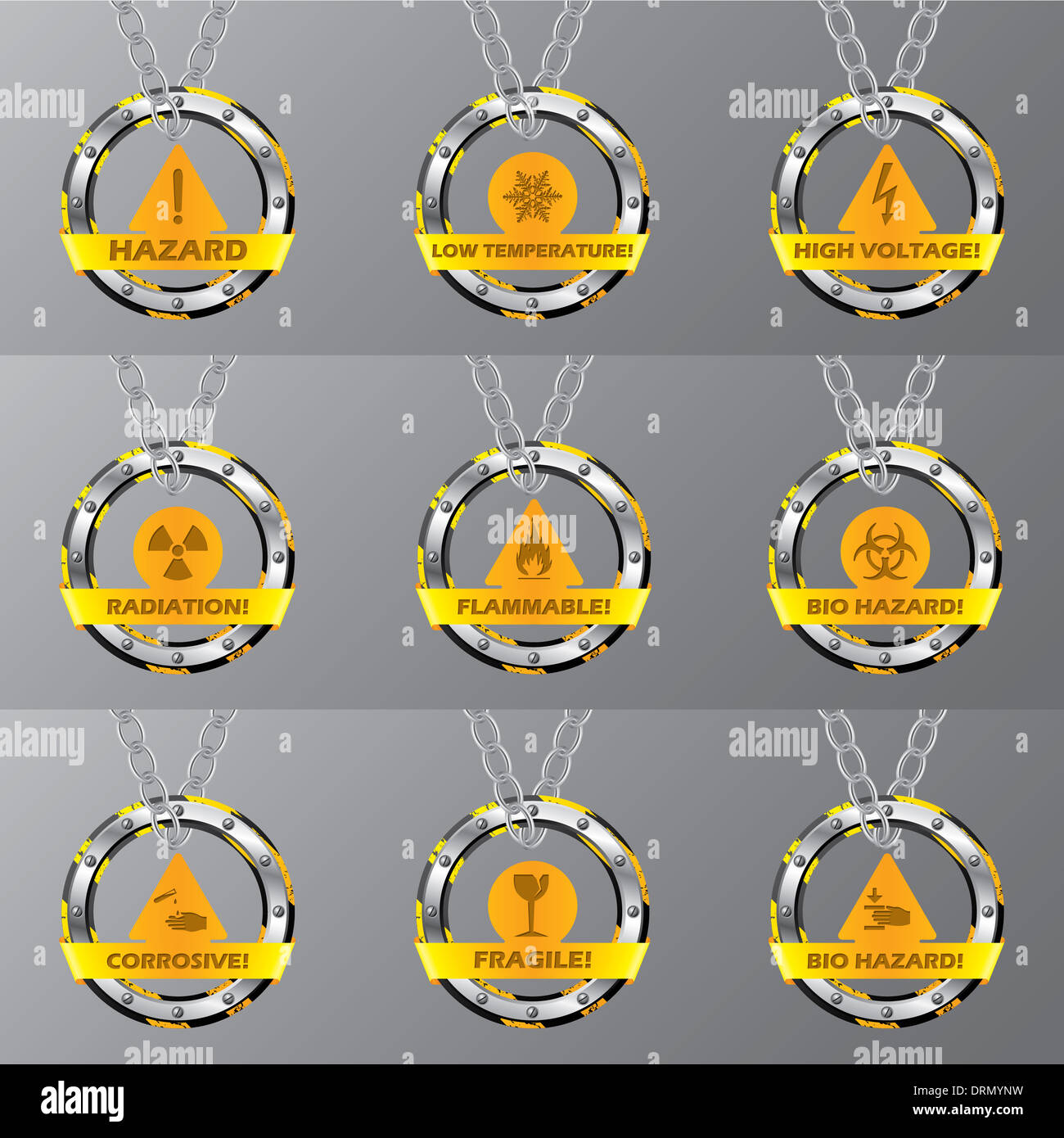 Metallic caution signs with symbols hanging on chains Stock Photo - Alamy