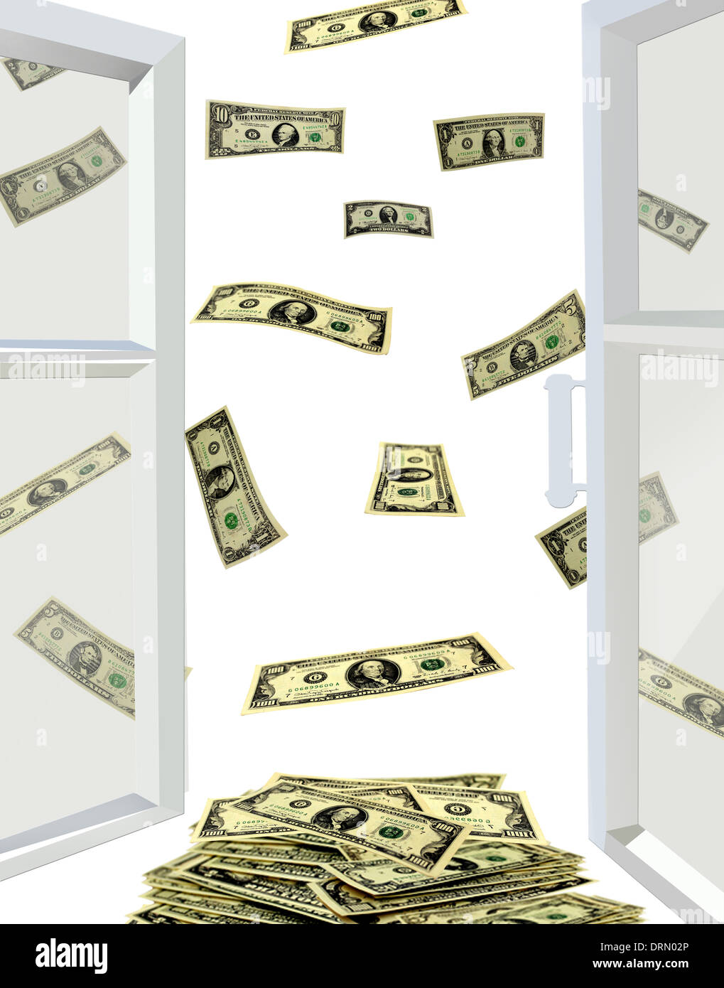 opened window and many dollars flying away Stock Photo - Alamy