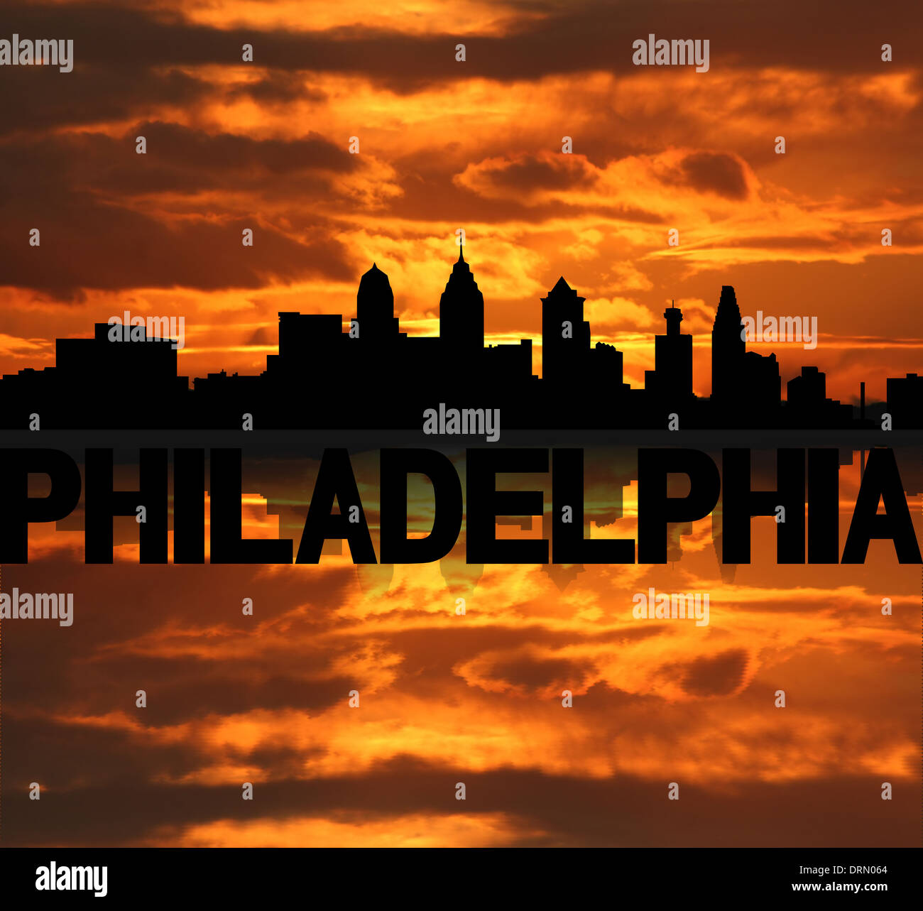 Philadelphia skyline reflected with text and sunset illustration Stock ...