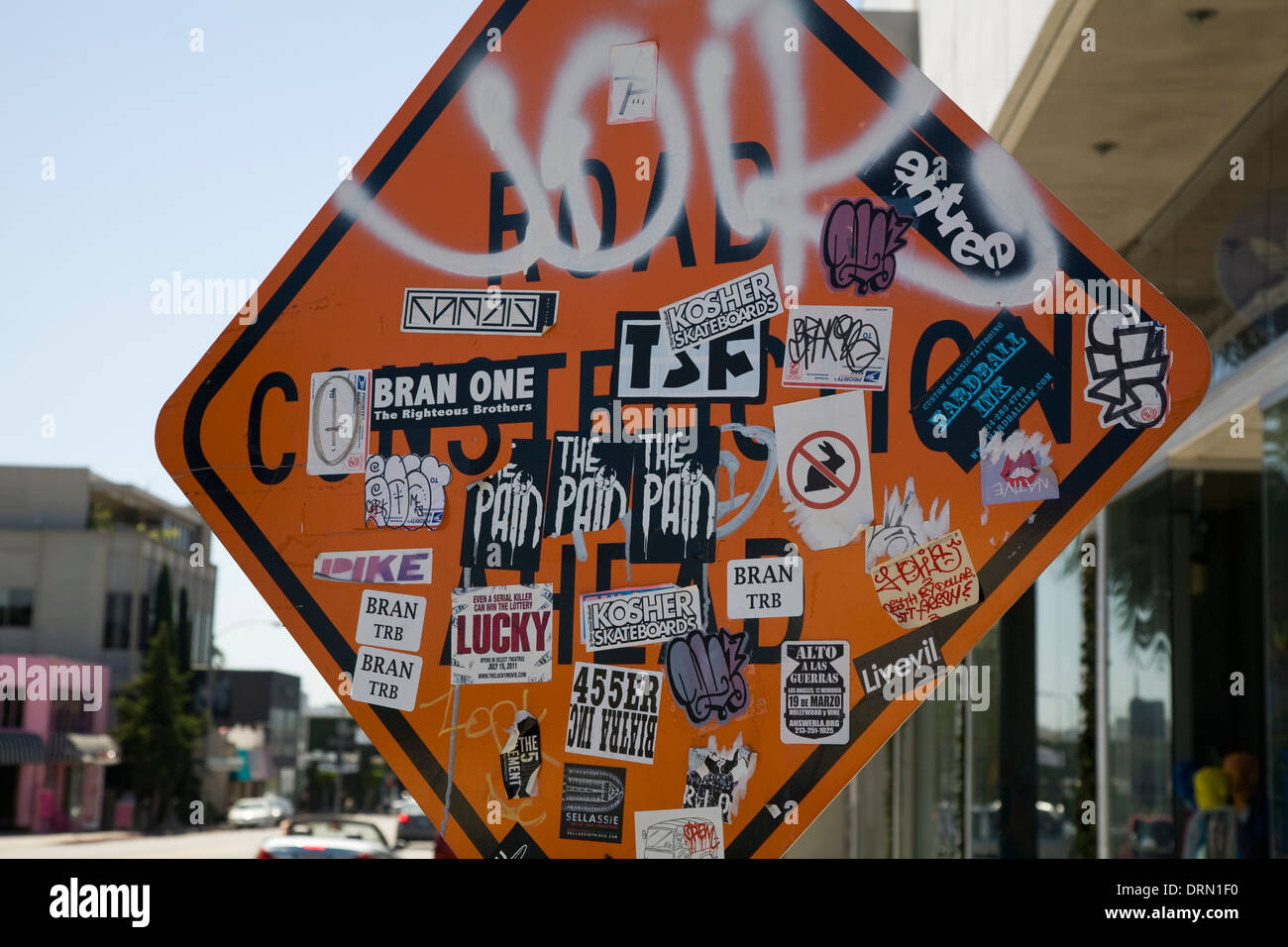 Stickers on Road Sign, Los Angeles, CA, California Stock Photo - Alamy