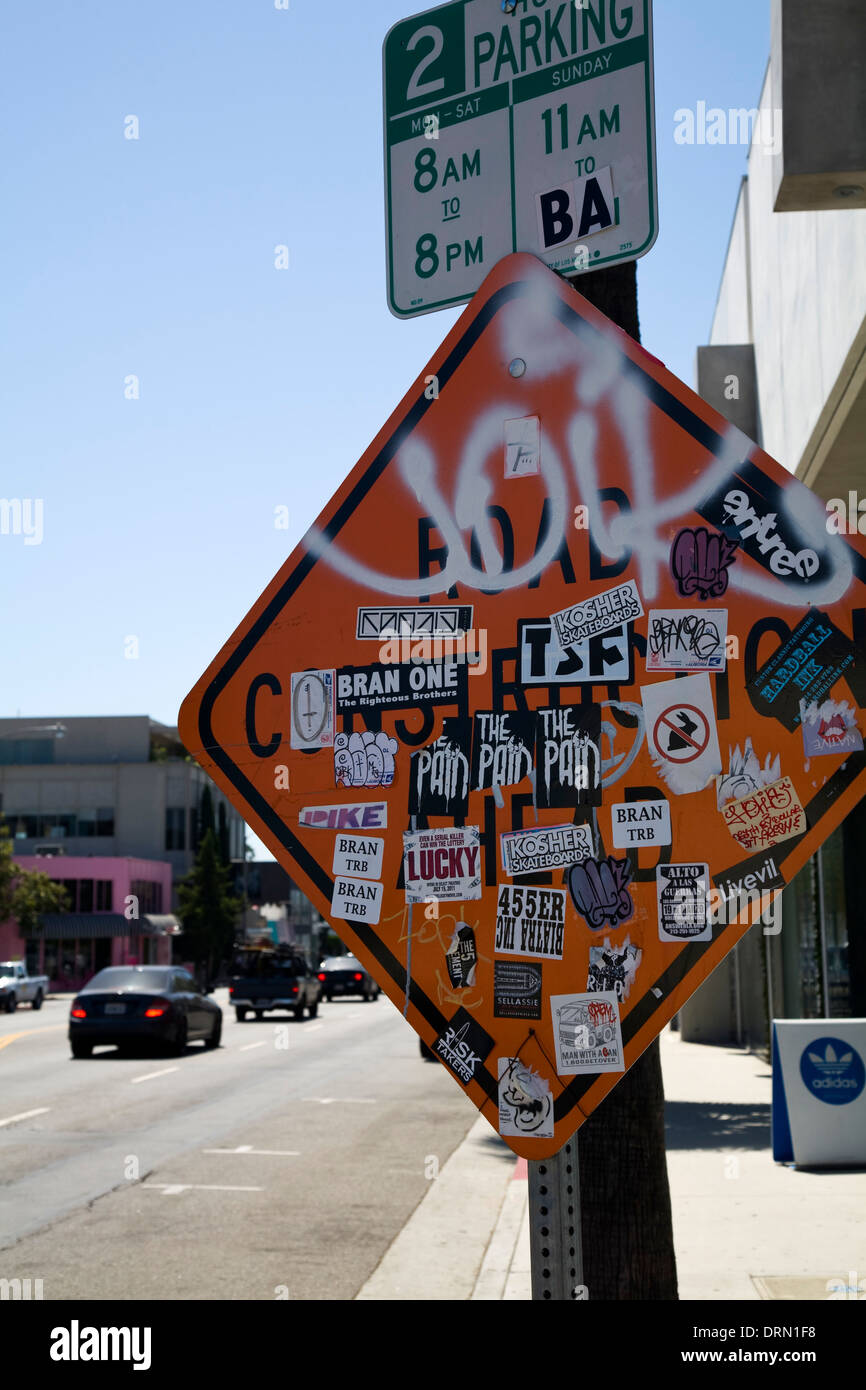 Stickers on Road Sign, Los Angeles, CA, California Stock Photo - Alamy