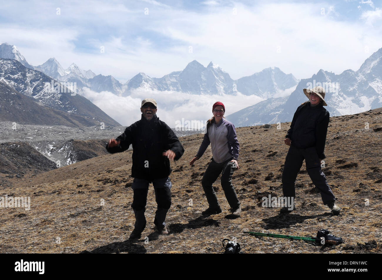 Three trekkers jumping for joy on the everest base camp trek Stock ...