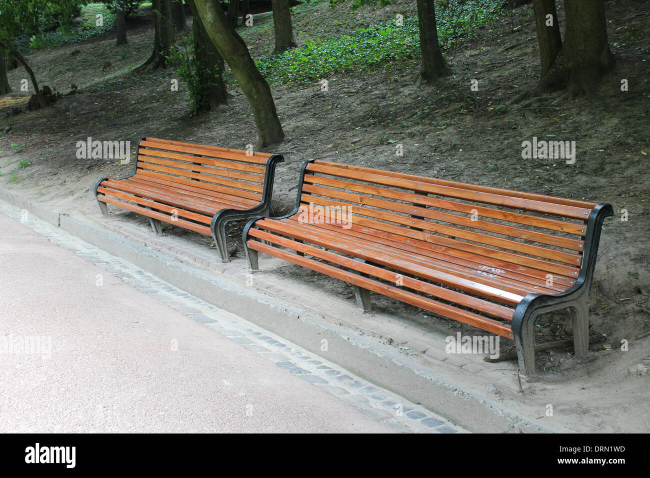 two wooden benches in the big park Stock Photo - Alamy