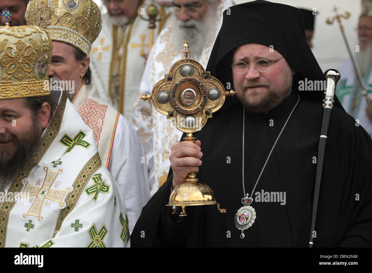 Slovakian archbishop George (Juraj) of Michalovce and Kosice (R) shows ...
