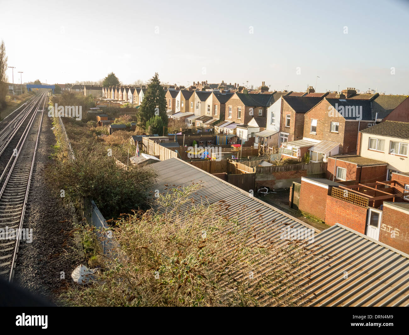 Houses backing on to a railway line in Portsmouth, Hampshire, England ...