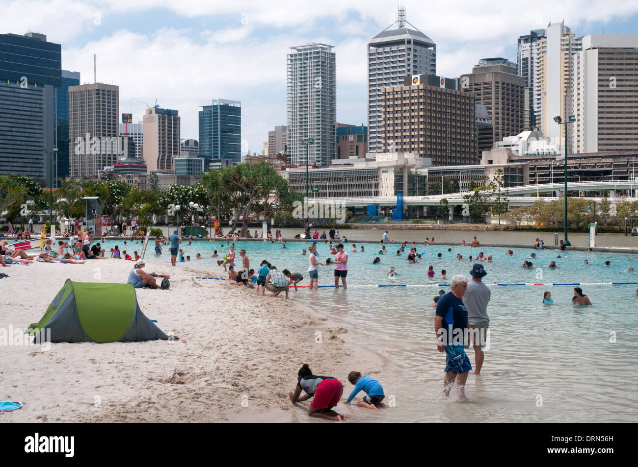 Busy summer afternoon at the Streets Beach, Southbank, Brisbane ...