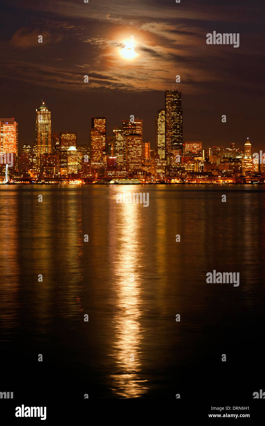 WASHINGTON - Moon over downtown Seattle and Elliott Bay from West ...