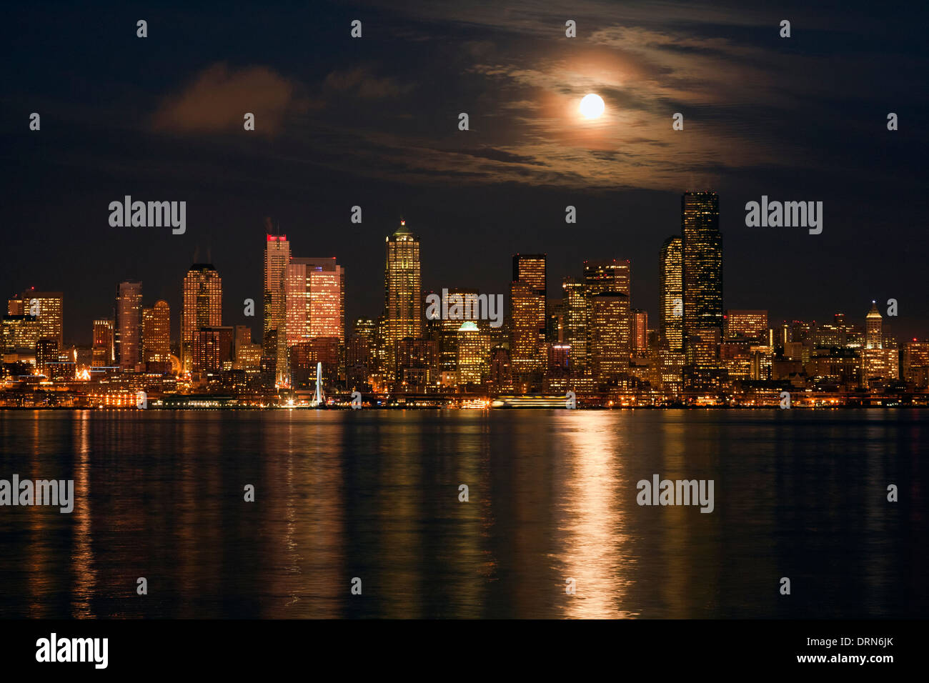 WASHINGTON - Moon over downtown Seattle and Elliott Bay from West ...