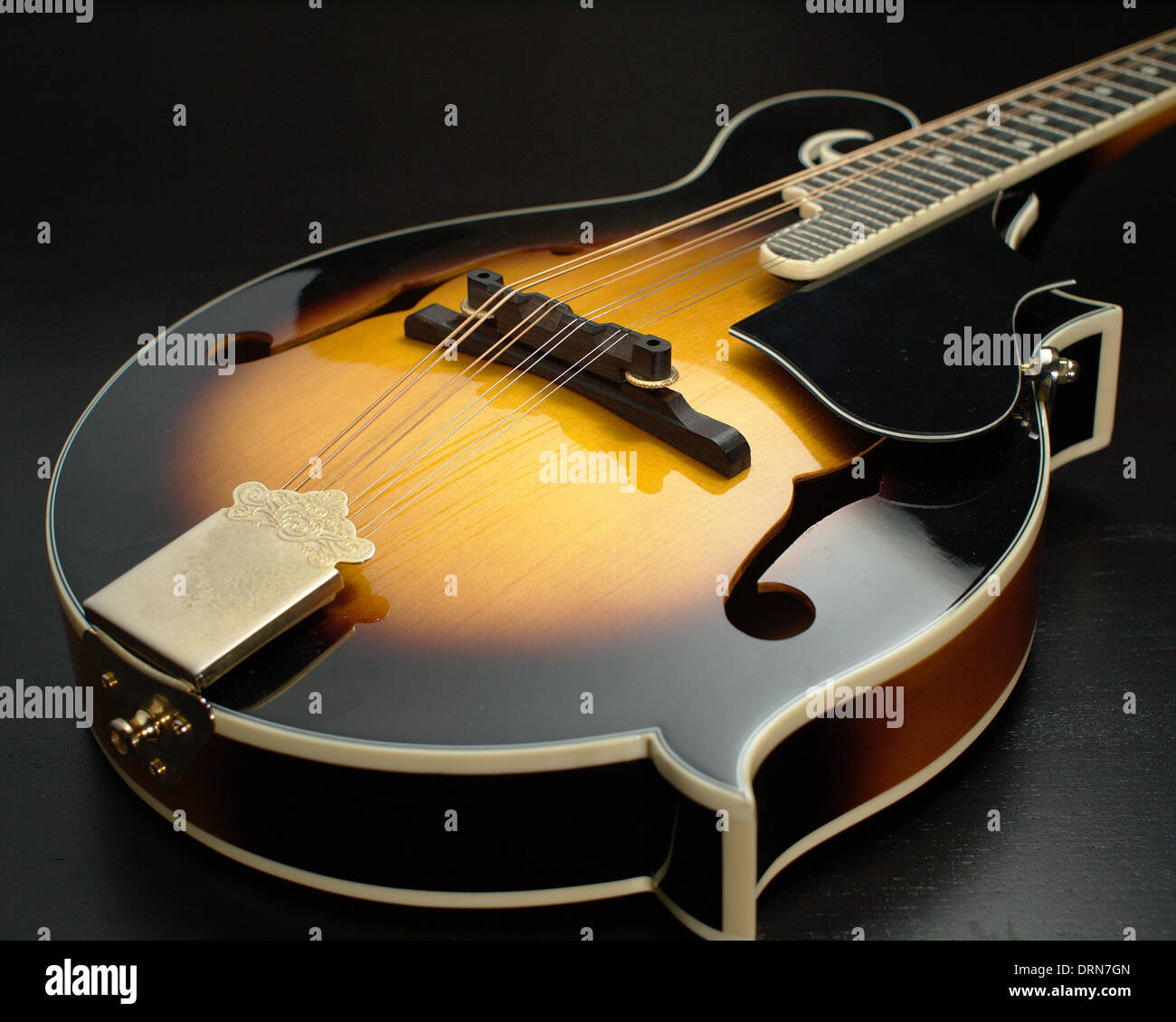The body of an F-style mandolin photographed against a black wood ...
