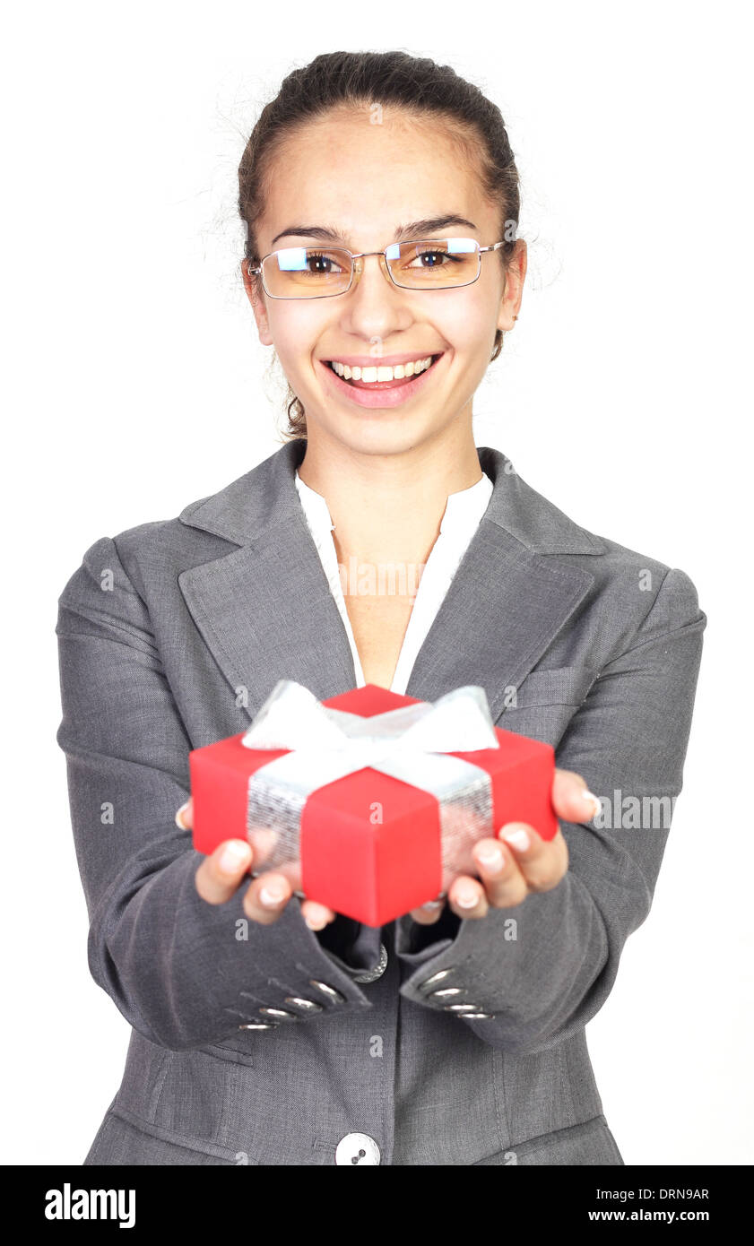 Woman gives gift Stock Photo - Alamy