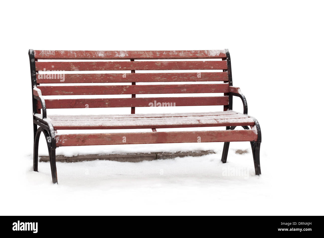 Red wooden bench with show on white background Stock Photo - Alamy